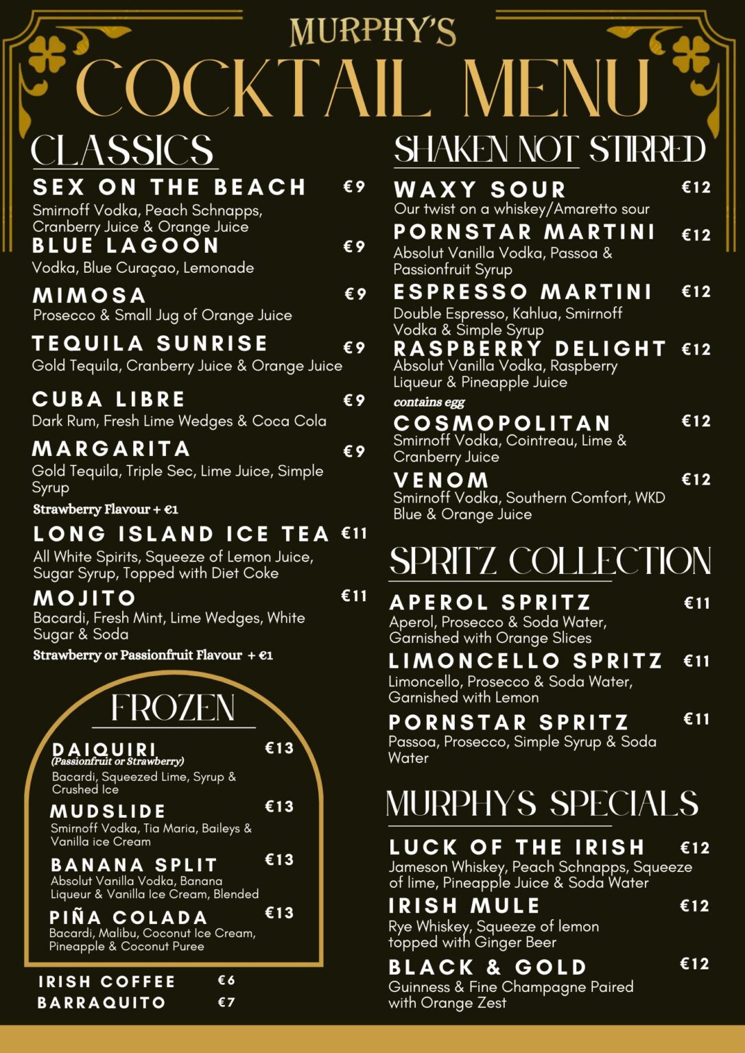 Menus – Murphy's Irish Pub Tenerife